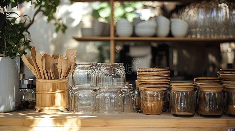 Eco-friendly Kitchen Setup with Bamboo and Glass Items. Stock Image ...
