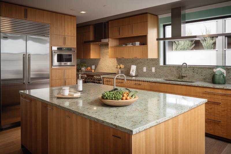 Eco-friendly Kitchen with Sleek Appliances, Natural Stone Counters, and ...