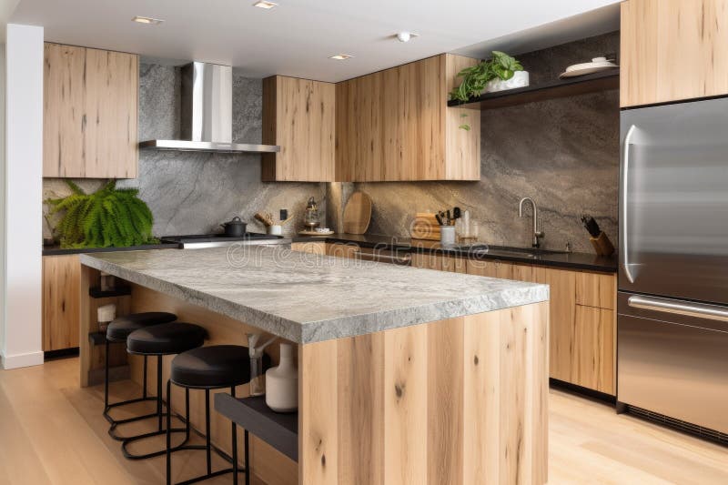 Eco-friendly Kitchen with Sleek Appliances, Natural Stone Counters, and ...
