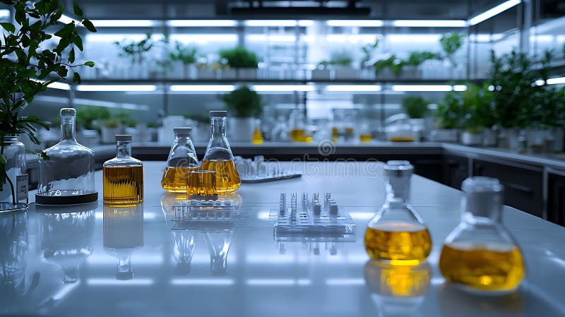 Eco Friendly Laboratory with Glassware and Plants, Showcasing ...