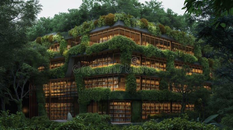 Eco-Friendly Library with Lush Vertical Gardens in a Forest Setting ...