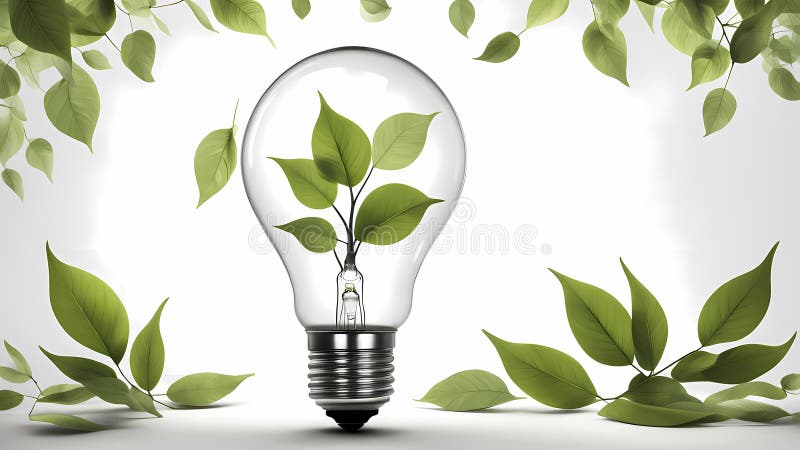 Eco-Friendly Light Bulb with Green Leaves Inside on a White Background ...