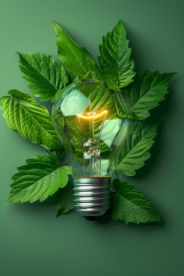 Eco-friendly Light Bulb Surrounded by Green Leaves on Green Background ...