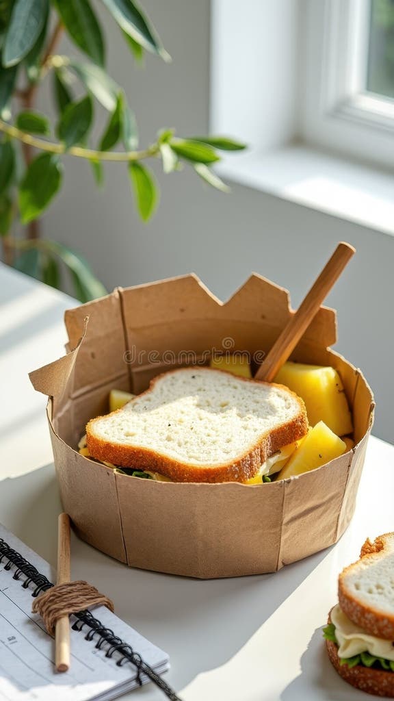 Eco-friendly Lunch with Sandwich in Biodegradable Paper Packaging Stock ...