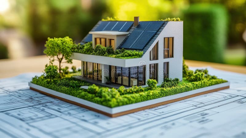 Eco-friendly Model Home on Blueprints Stock Illustration - Illustration ...