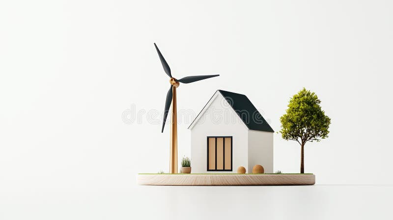 Ecofriendly Model House with Wind Turbine and Tree on White Isolate ...