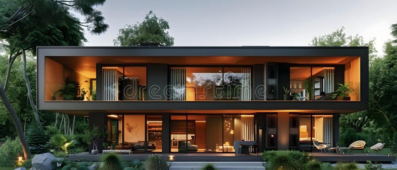 Eco-Friendly Modern Home at Dusk with Heat Pumps. Concept Eco-Friendly ...