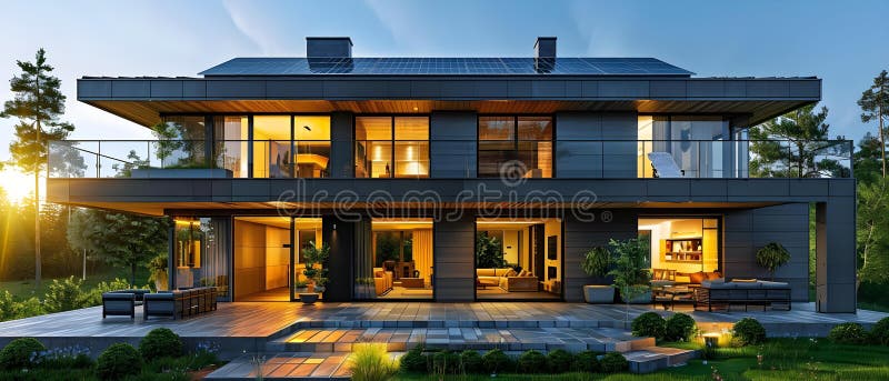 Eco-Friendly Modern Home at Dusk with Solar Power. Concept Eco-Friendly ...