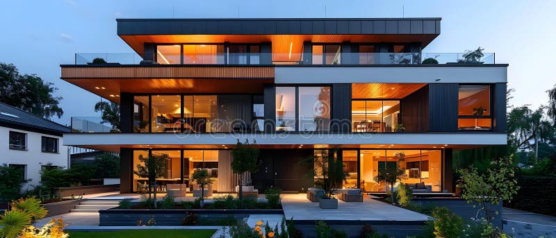 Eco-Friendly Modern Home with Heat Pump at Twilight. Concept Home ...
