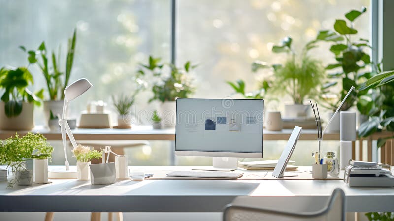 Eco-friendly Modern Office Interior with Desk, Computer and Plants ...