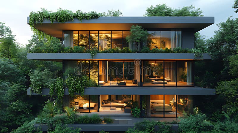Eco-friendly Multi-level Home, Jungle Setting, Twilight Stock ...