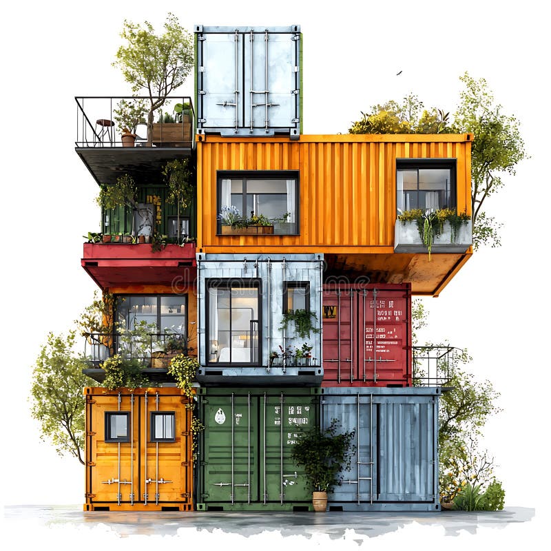 EcoFriendly MultiStory Shipping Container Home with Lush Greenery Stock ...