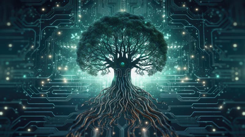 Eco-Friendly Neural Network Tree Roots on Circuit Board Stock ...