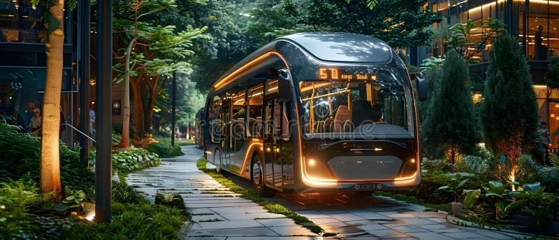 Eco-Friendly Night Ride: Electric Bus Amidst Urban Greenery. Concept ...
