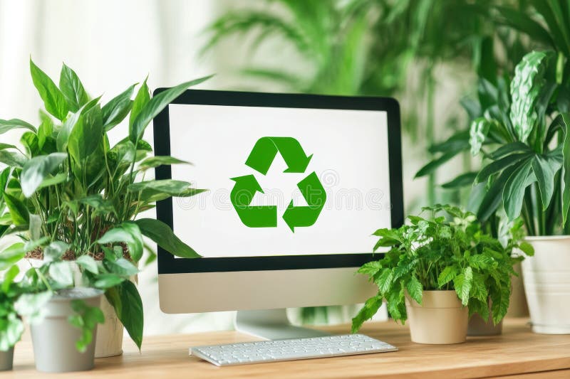 Eco Friendly Office Workspace with Computer Displaying Recycling Symbol ...