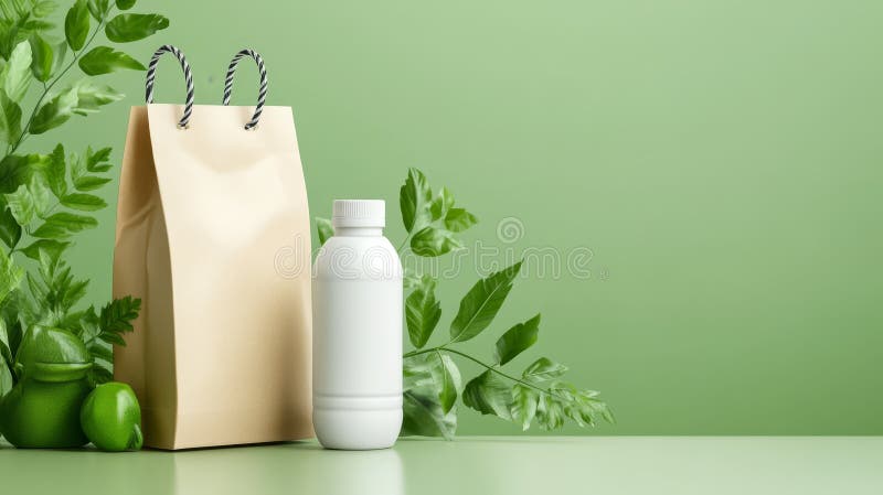 Eco-friendly Packaging with Bottle and Greenery Background Stock ...