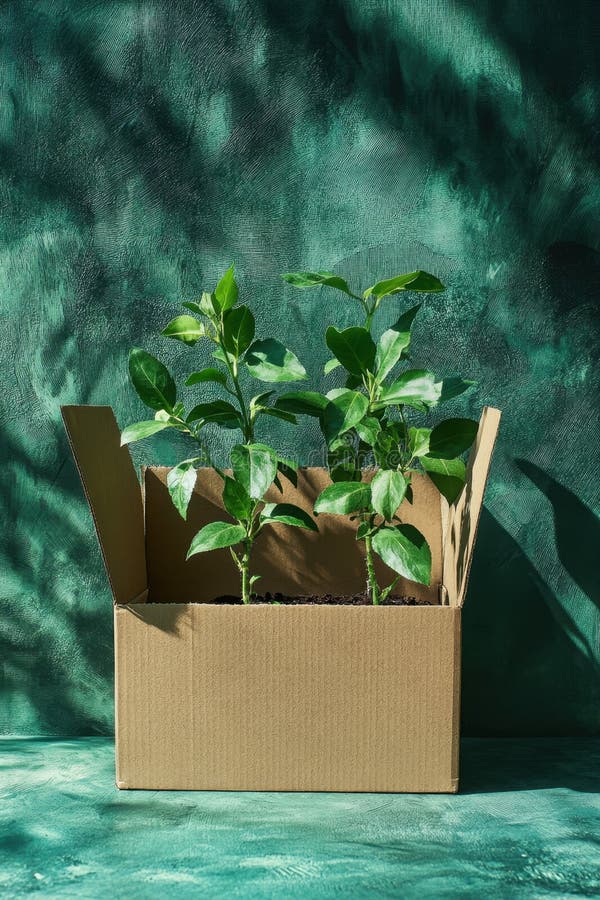 Eco-Friendly Packaging, a Cardboard Box Features Plants Sprouting from ...