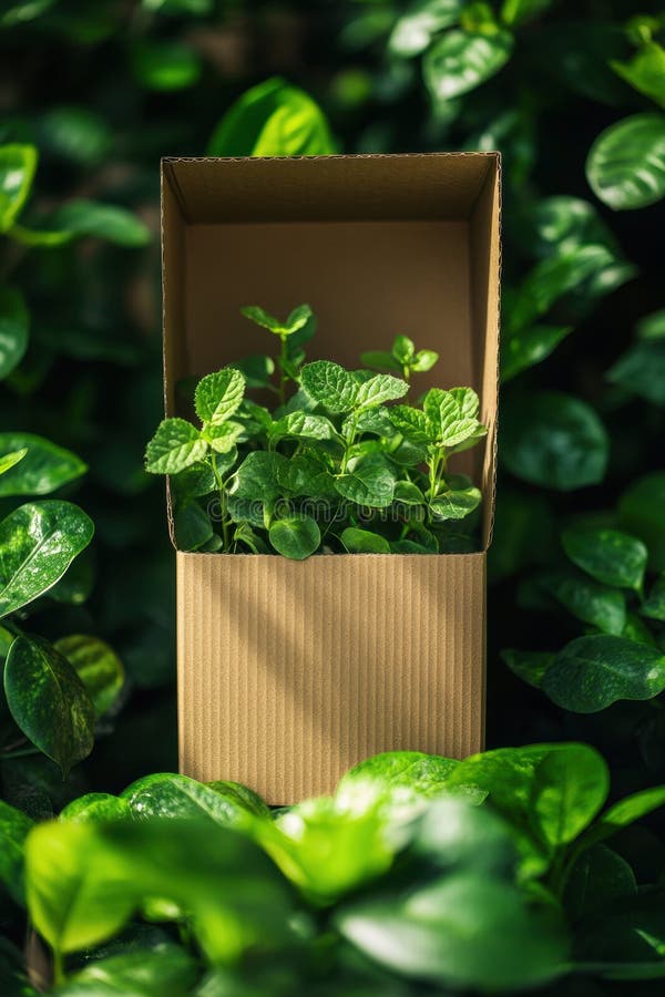 Eco-Friendly Packaging, a Cardboard Box Features Plants Sprouting from ...