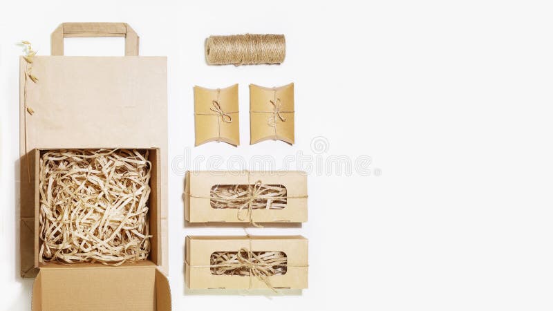 Cardboard Boxes with Shredded Paper Inside, Paper Bag with Copy Space ...