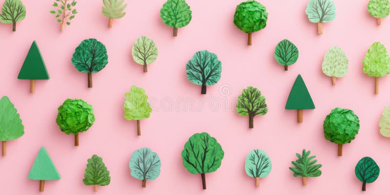 Eco Friendly Packaging Flat Lay with Wooden Trees on Pink Background ...