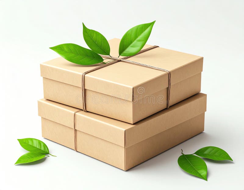 Ecofriendly Packaging Cardboard Boxes Green Leaves White Background ...