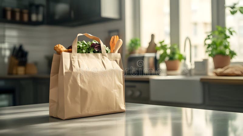 Eco-friendly Paper Grocery Bag on Kitchen Counter with Fresh Vegetables ...