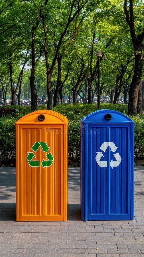 Eco-Friendly Recycling Bins in a Lush Park Atmosphere Stock ...