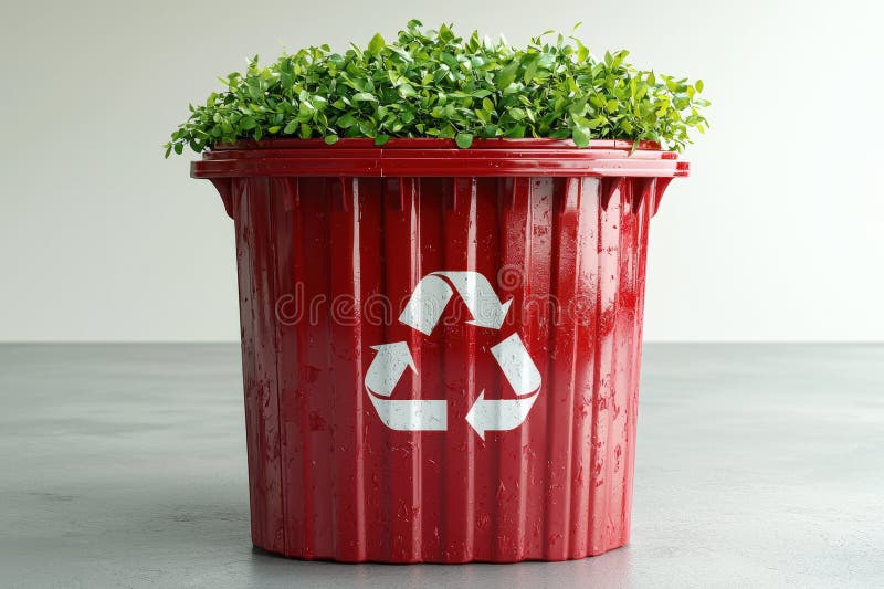 Eco Friendly Red Recycling Bin with Greenery for Waste Sorting Stock ...