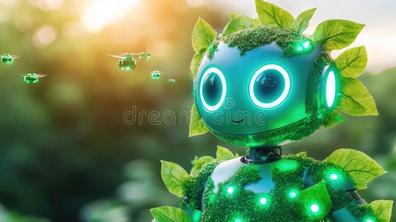 Eco-friendly Robot with Leafy Design Surrounded by Drones in Nature ...