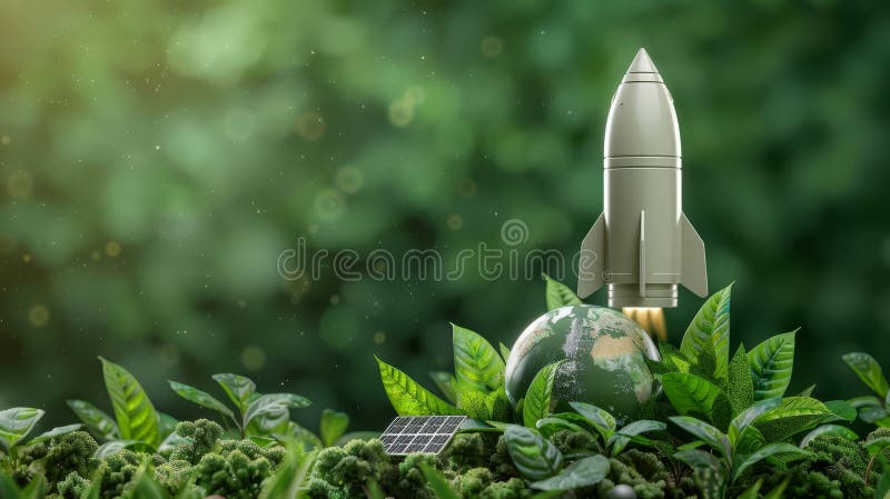 Eco-Friendly Rocket Launch Over Earth in Greenery Stock Illustration ...