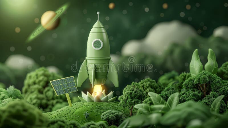 Eco-friendly Rocket Launching from Green Planet Stock Illustration ...