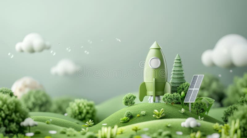 Eco-friendly Rocket and Solar Panel in Green Landscape Stock ...