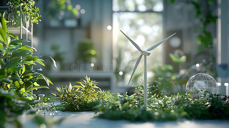 Eco Friendly Scene with Wind Turbine, Plants, and Natural Light Stock ...