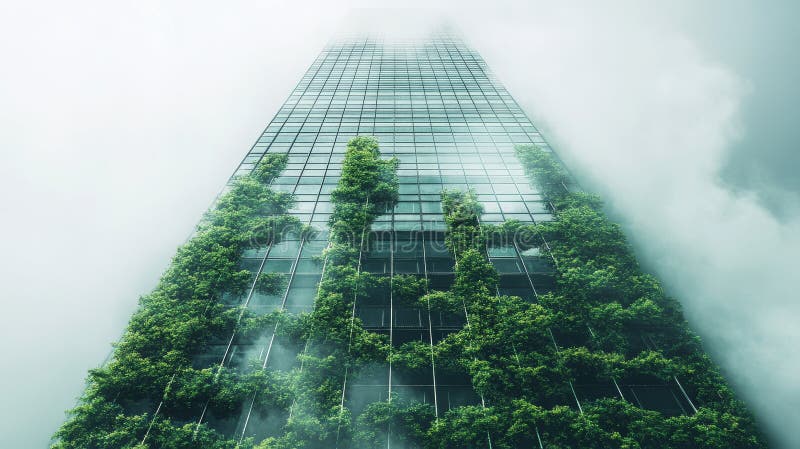 Eco-friendly Skyscraper with Green Vines in Urban Double Exposure ...