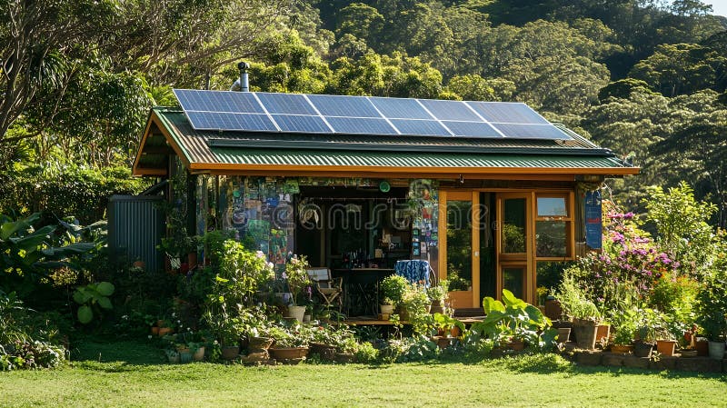 Eco Friendly Small House Solar Panels Lush Greenery Setting Stock ...