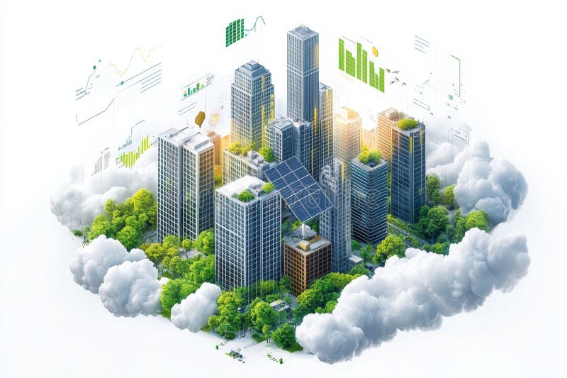 Eco-friendly Smart City Sustainable Buildings Green Technology Data Analytics Isolated on White ...