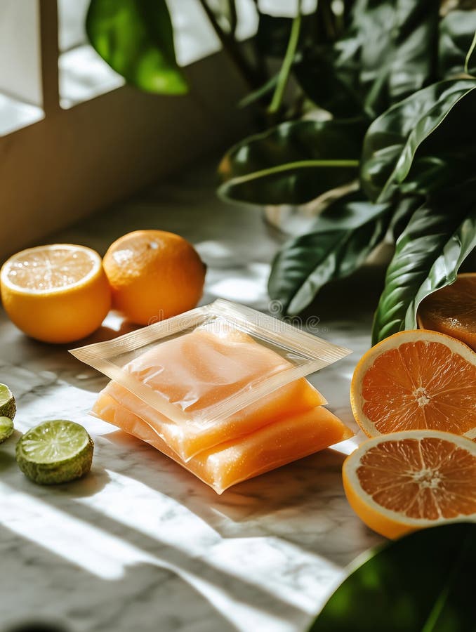 Eco-friendly Snack Packaging Sits among Fresh Citrus Fruits in Natural ...