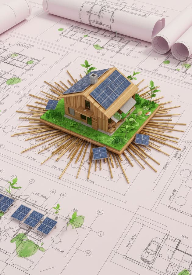 Eco-Friendly Solar House Model on Blueprint Stock Illustration ...
