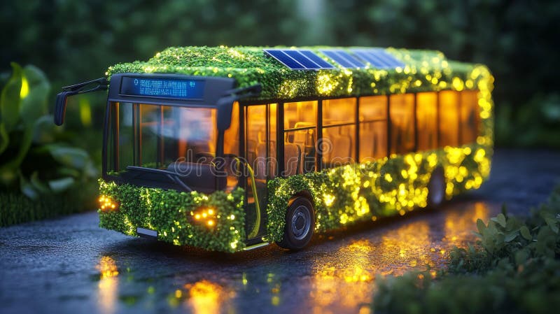 Eco-Friendly Solar Powered Bus Glowing at Night in Lush Green Nature ...