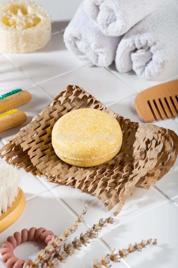 Eco Friendly Solid Shampoo Bar and Natural Bathroom Accessories Lying ...
