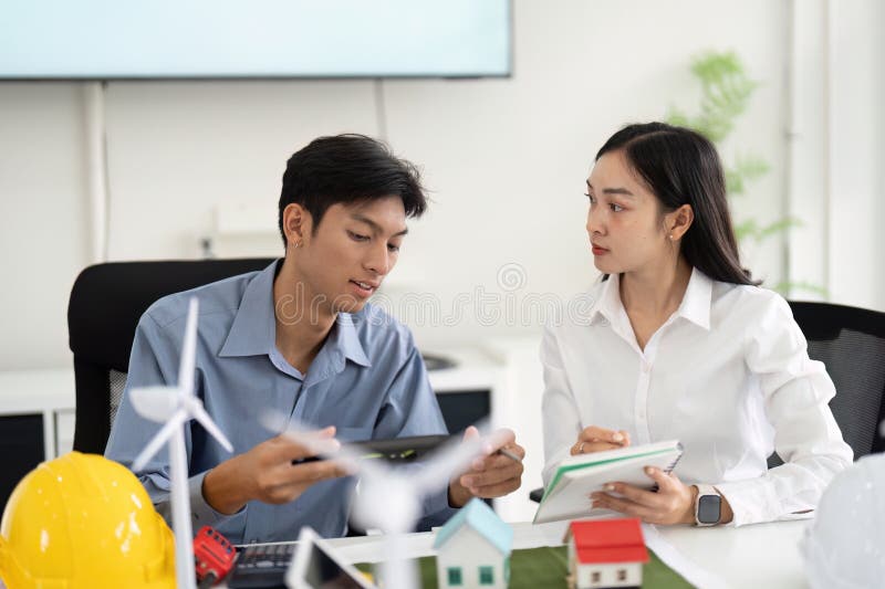 Eco-Friendly Solutions in Engineering. Engineers Discuss Sustainable Building Ideas while ...