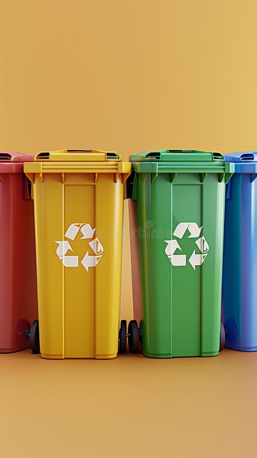 Eco-Friendly Sorting. Color-coded Recycling Bins Against Yellow ...