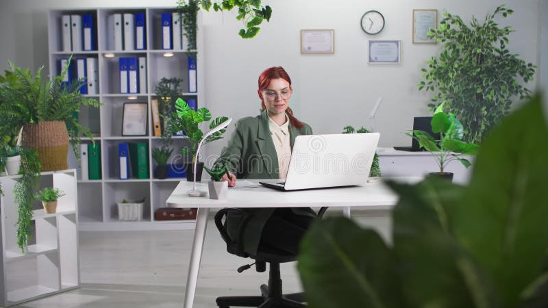 Eco-friendly Space, Young Female Employee in Office Work at Computer ...