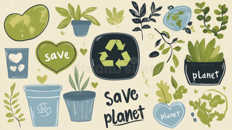 Eco-friendly Sticker Set Featuring Recycling Symbols, Plants, Hearts ...