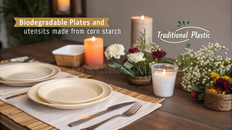 Eco Friendly Table Setting with Biodegradable Plates and Cutlery Stock ...