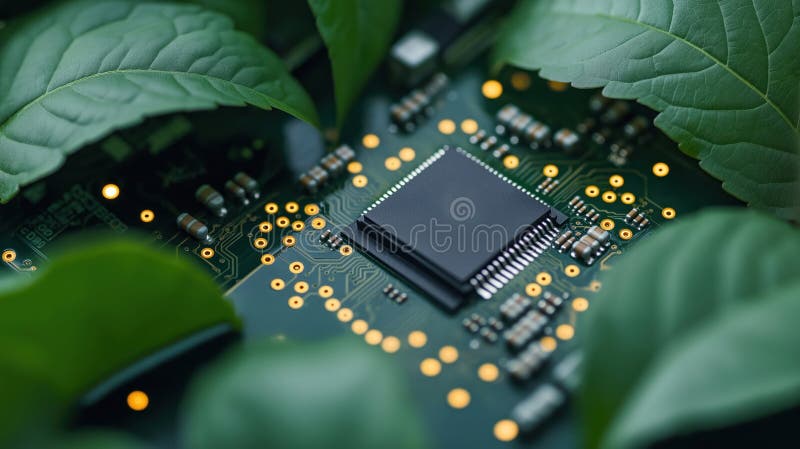 Eco-friendly Tech Concept. Circuit Board with Microchip Surrounded by ...