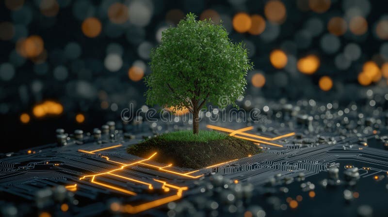 Eco Friendly Tech Concept Image. Green Tree Grows in Center of Circuit ...