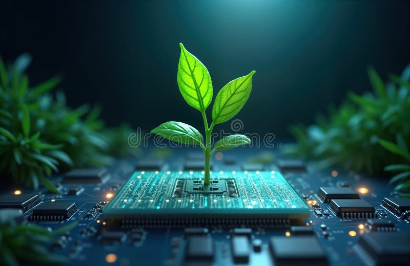 Eco Friendly Tech Concept. Small Plant Growing on Circuit Board. New ...