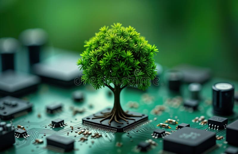 Eco Friendly Tech Concept. Small Tree Growing on Computer Circuit Board ...