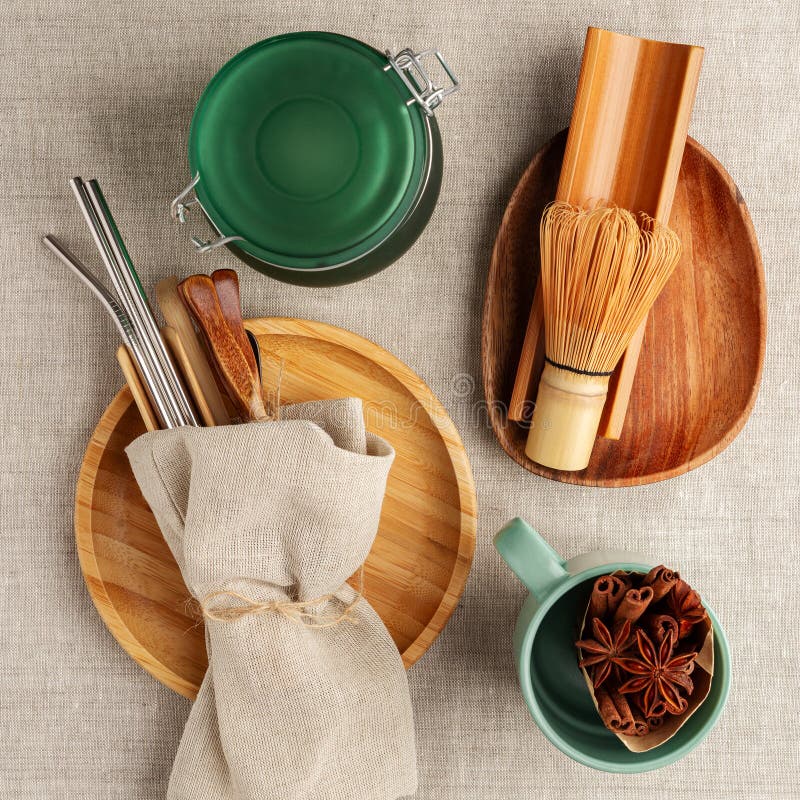 Eco Friendly Tools and Reusable Set on a Beige Cotton Background Stock ...